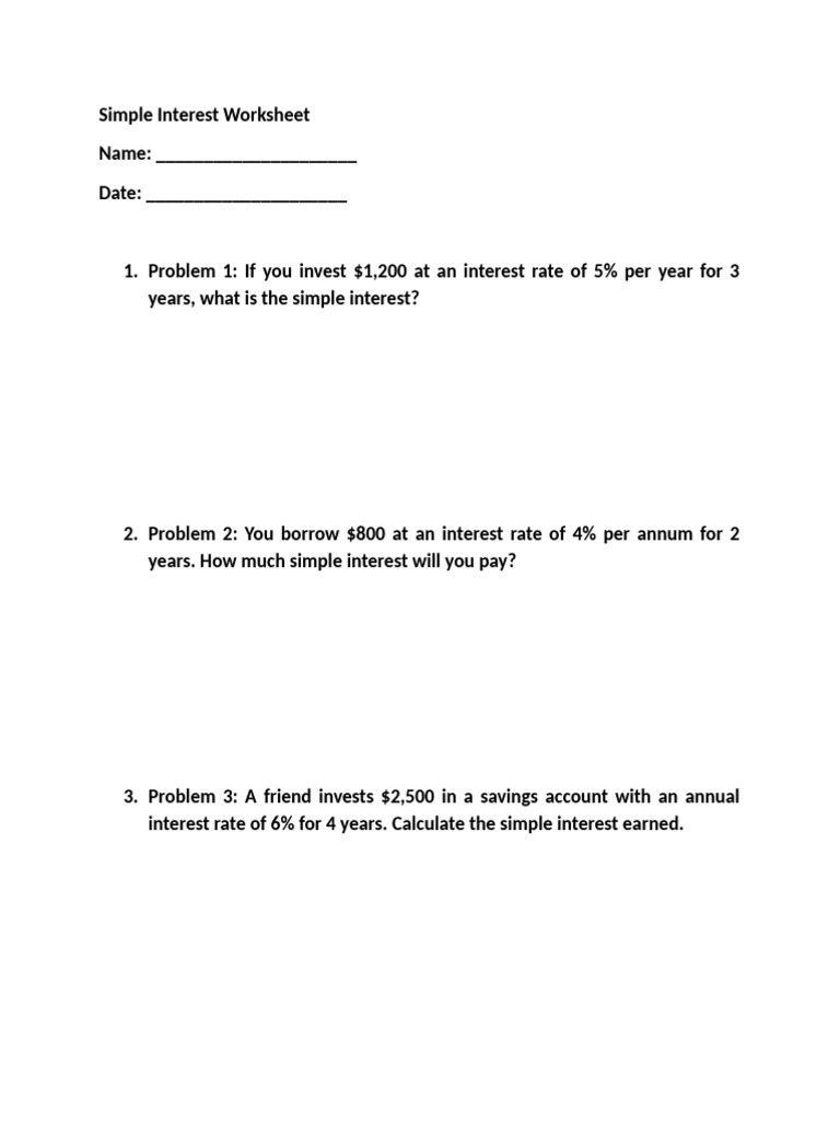 Simple Interest Calculation Worksheet | PDF