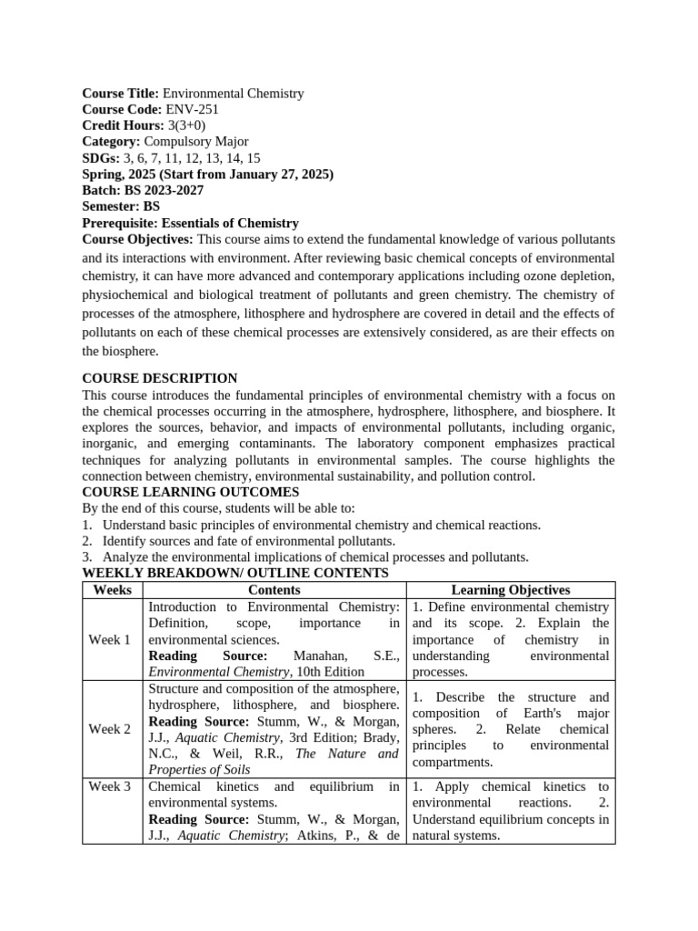 Course Syllabus and Weekly Lecture Plan | PDF | Earth Sciences | Chemistry
