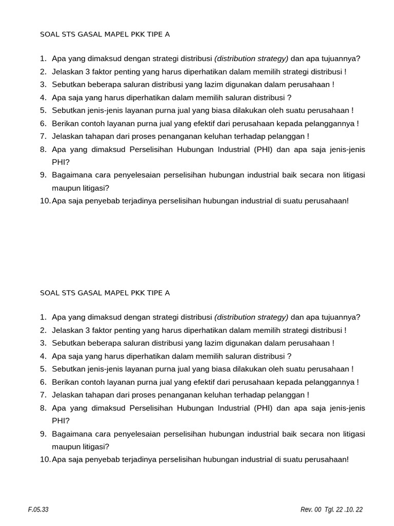 Soal STS Gasal Mapel PKK Tipe A | PDF