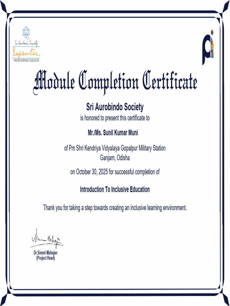Certificate of Completion: Inclusive Education | PDF
