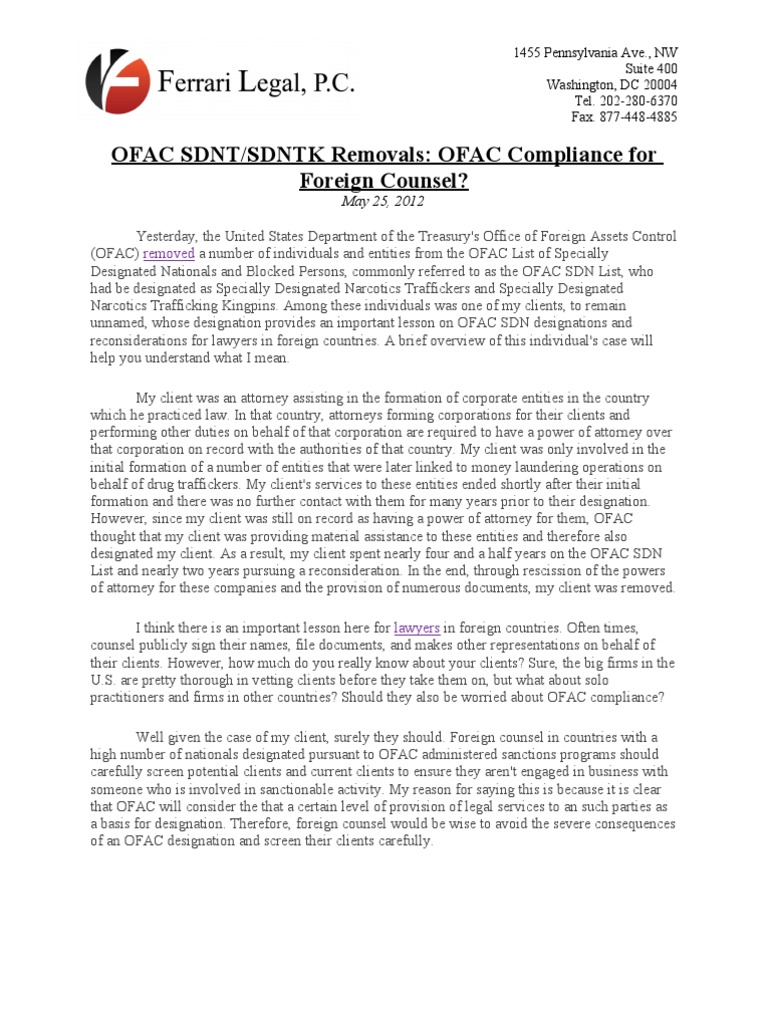 OFAC SDNT/SDNTK Removals: OFAC Compliance For Foreign Counsel? | PDF ...