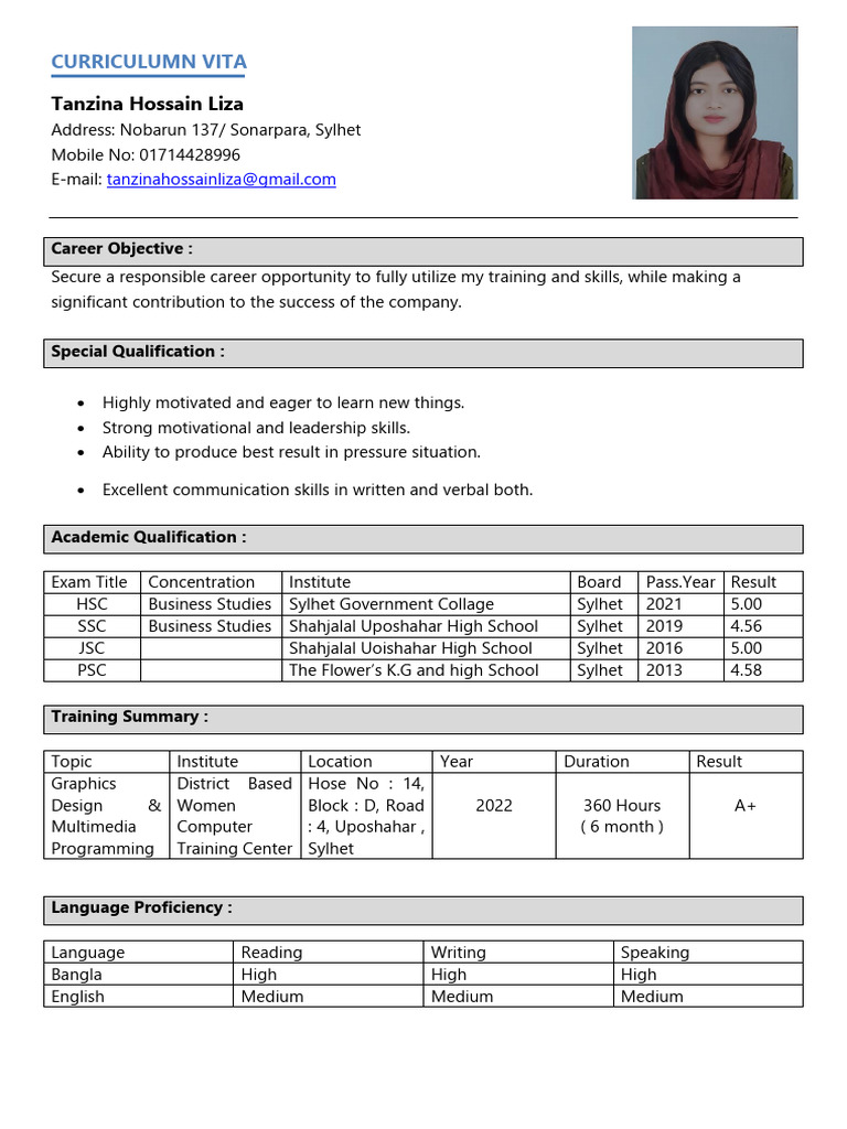 Tanzina Hossain Liza's CV Summary | PDF | Human Communication