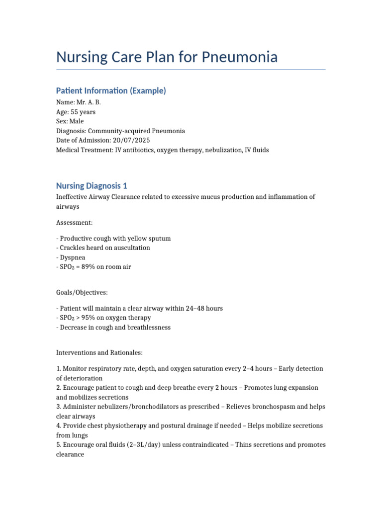Nursing Care Plan Pneumonia | PDF | Pneumonia | Respiratory Tract