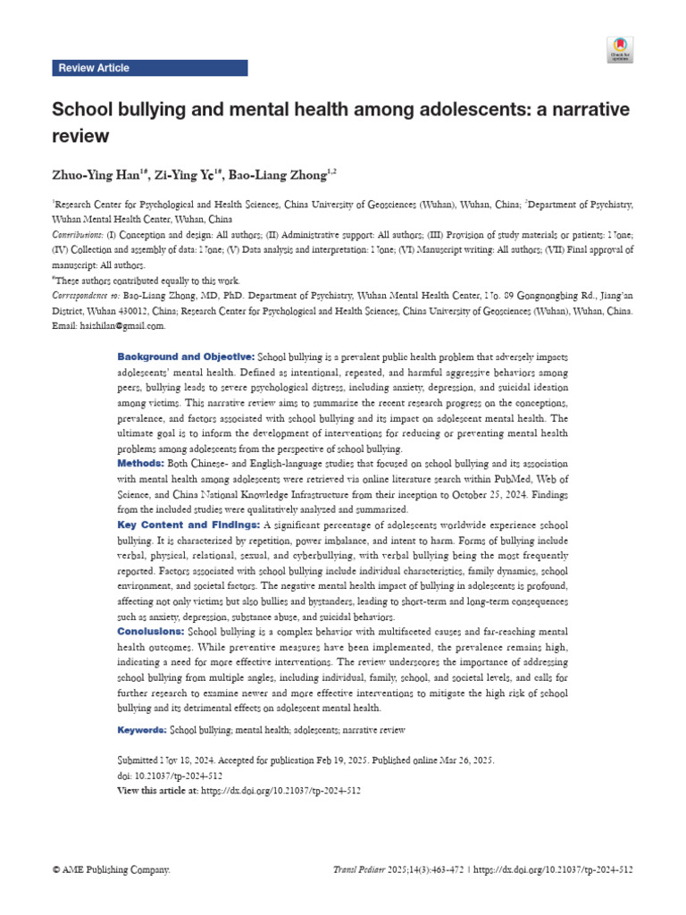 Bullying's Impact on Adolescent Mental Health | PDF | Bullying | Mental ...