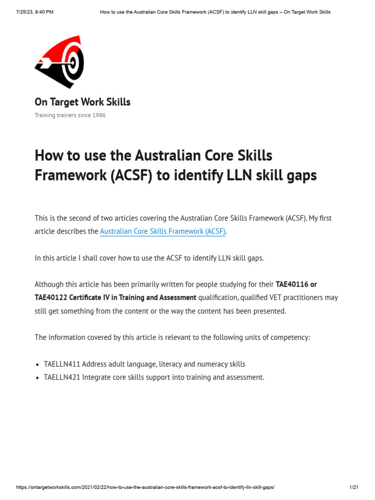 How To Use The Australian Core Skills Framework (ACSF) To Identify LLN ...