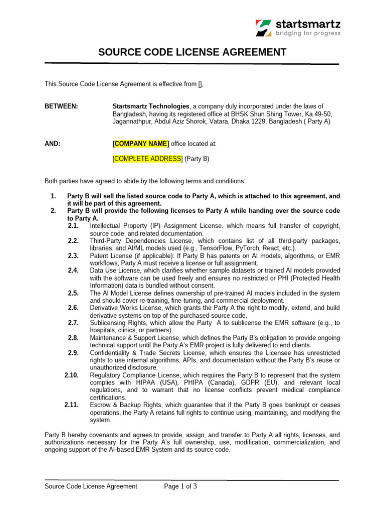 Source Code License Agreement Template | PDF | License | Electronic ...