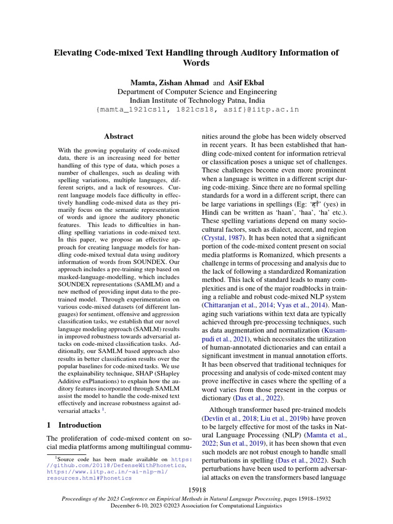 Elevating Code-Mixed Text Handling Through Auditory Information of ...