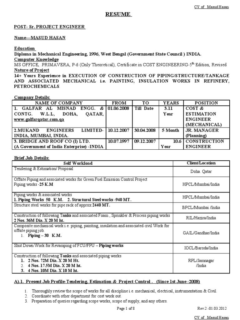 CV of Masud Hasan - Sr. Project Engineer | PDF | Industries | Engineering