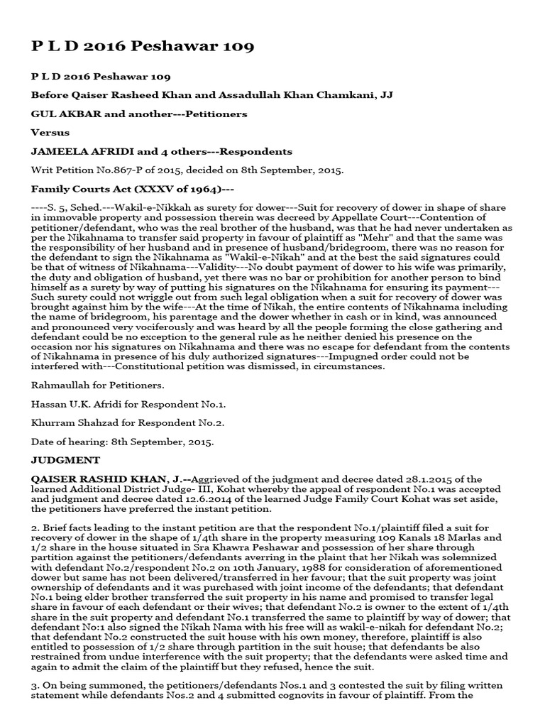P L D 2016 Peshawar 109 | PDF | Lawsuit | Judgment (Law)