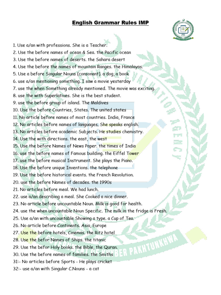 Essential English Article Rules Guide | PDF | English Grammar | Meal