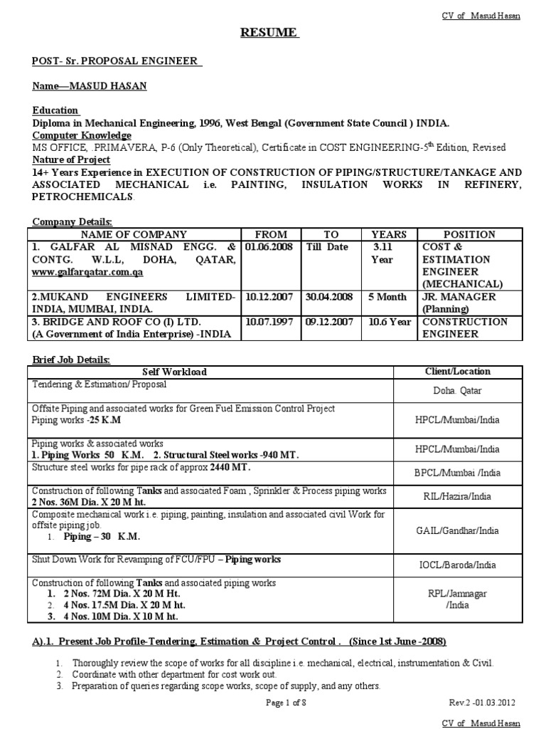 CV of Masud Hasan - Proposal Manager | PDF | Specification (Technical ...