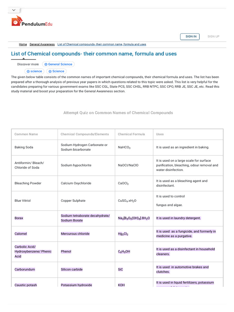 Chemical Compounds: Names, Formulas, Uses | PDF | Sodium Bicarbonate ...
