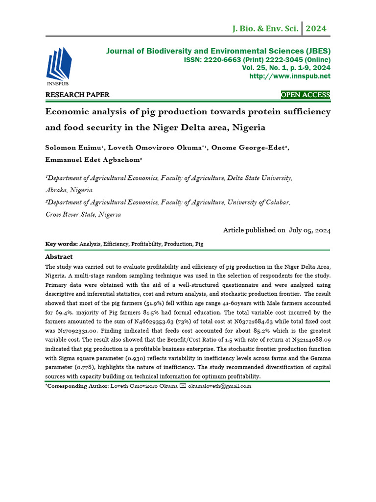 Economic Analysis of Pig Production Towards Protein Sufficiency and ...
