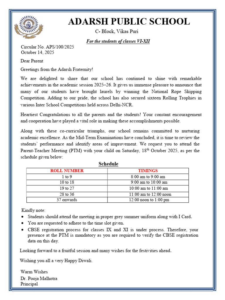 PTM Circular For The Students of Classes VI To XII (Session 2025-26 ...
