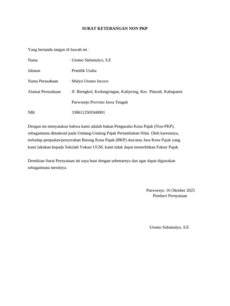 Surat Keterangan Non PKP Utomo Sidomulyo | PDF
