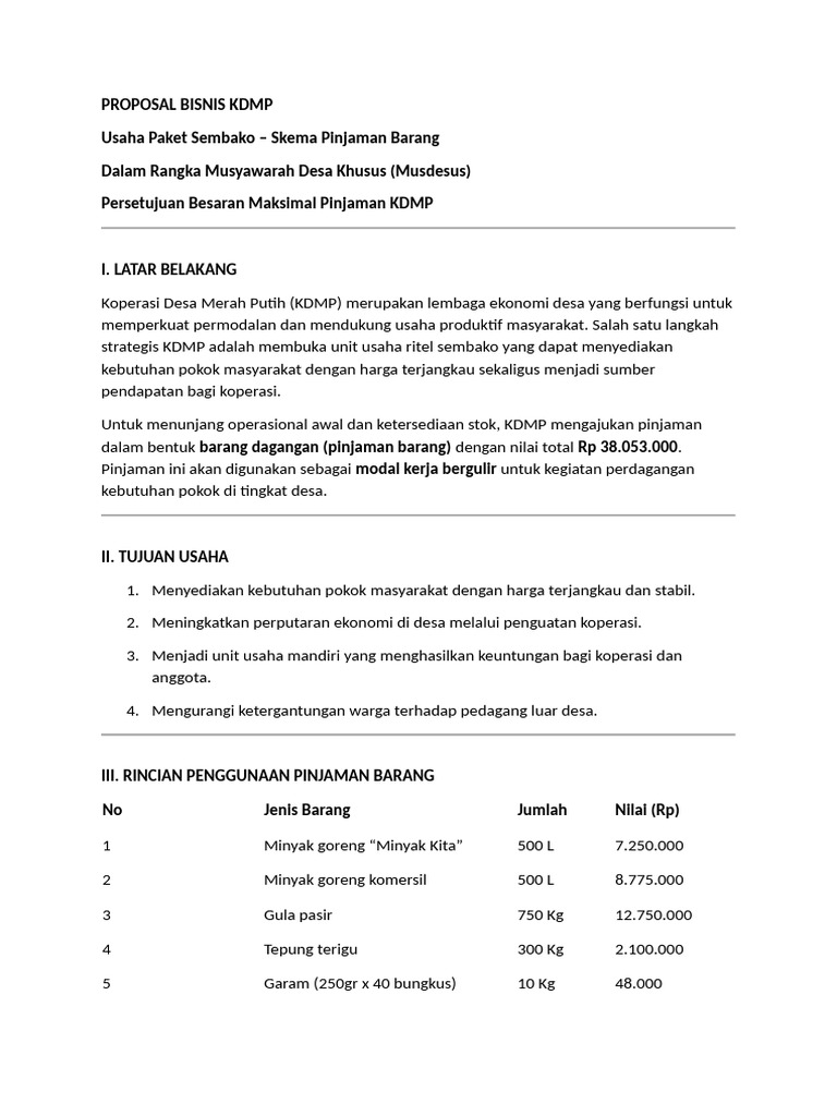 Proposal Usaha Sembako KDMP Desa | PDF