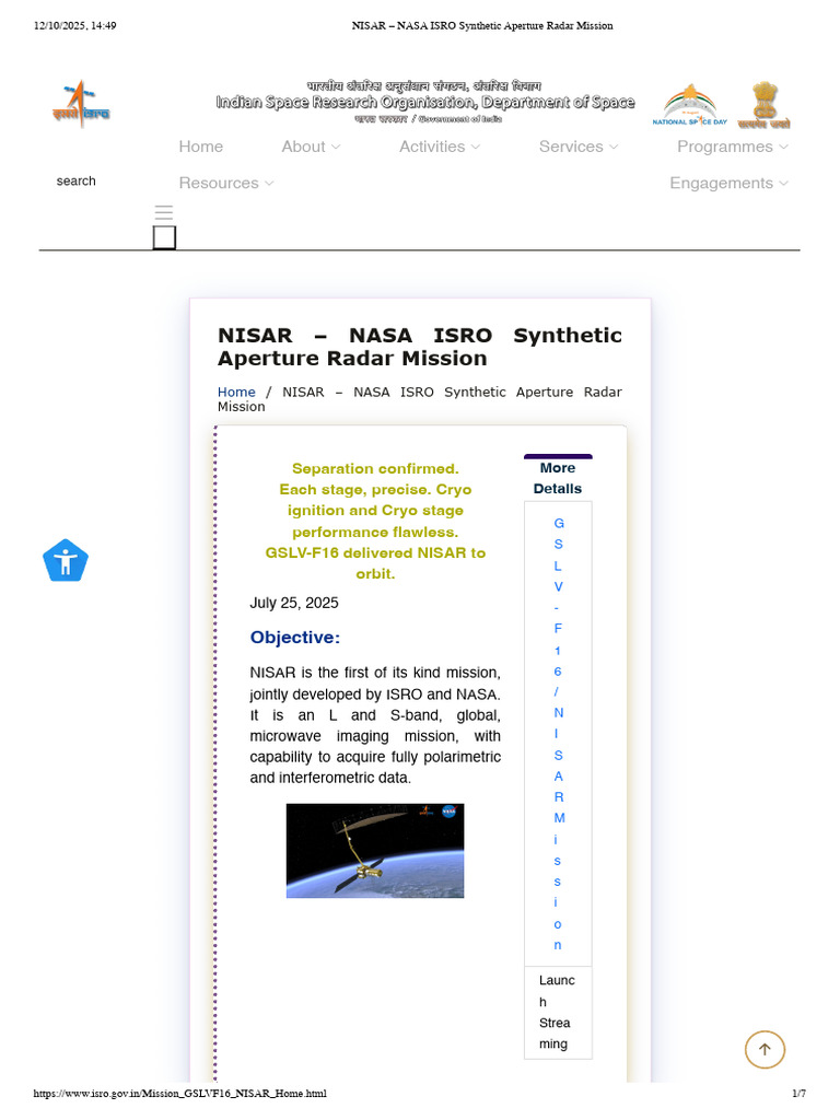 NISAR - NASA ISRO Synthetic Aperture Radar Mission | PDF | Flight | Spaceflight