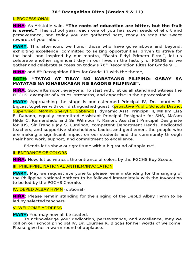 Emcee Script For Recognition Rites Ceremony | PDF