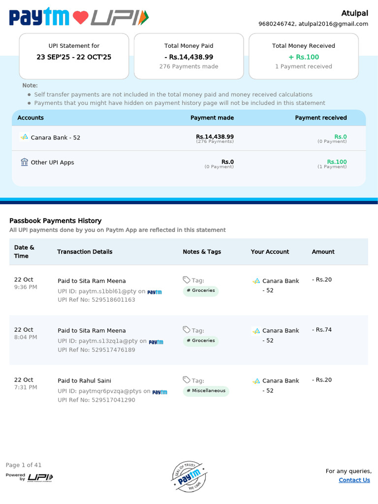 Paytm UPI Statement 23 Sep'25 - 22 Oct'25 | PDF | Finance & Money ...