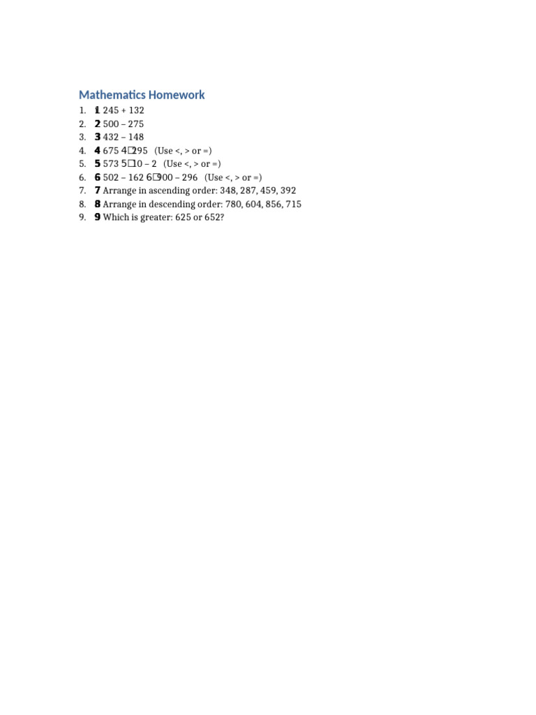 Year5 Homework Addition Subtraction Ordering | PDF
