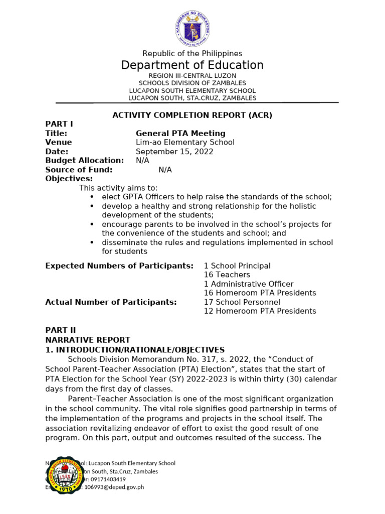 General PTA Meeting Report 2022 | PDF | Learning