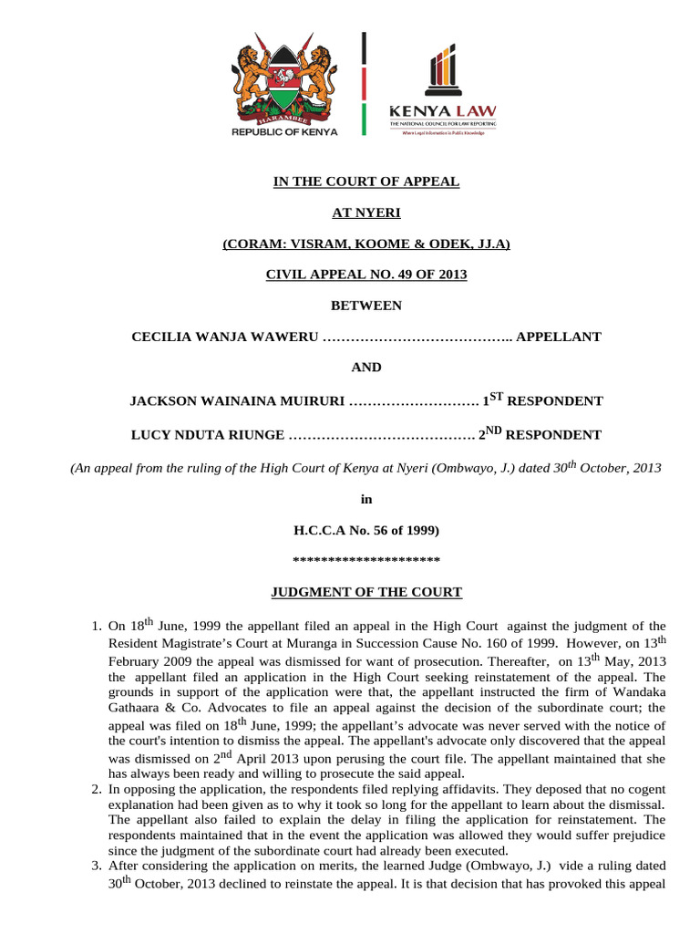 Cecilia Wanja Waweru V Jackson Wainaina Muiruri Another 2014 EKLR | PDF ...