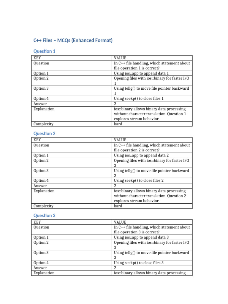 C++ File Handling MCQs for Experts | PDF | Ios | Pointer (Computer ...