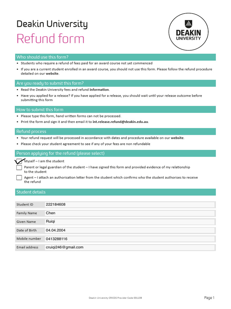 Deakin University Refund Form Guide | PDF
