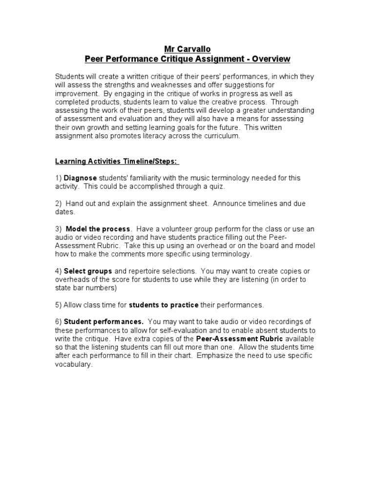 Peer Performance Critique Assignment Guide | PDF | Rubric (Academic ...