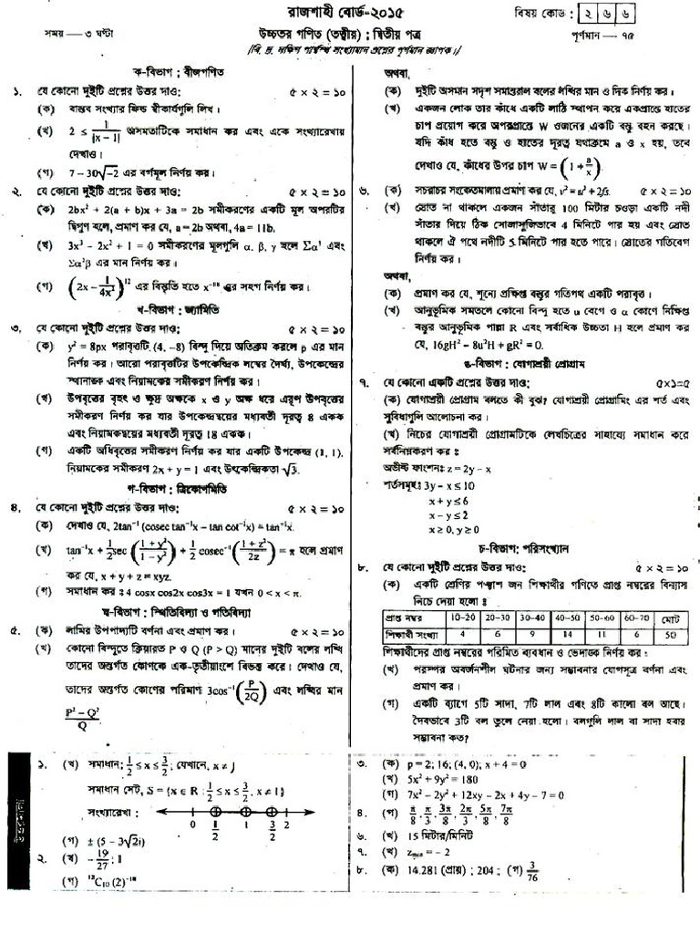 Higher Mathematics 2nd Paper Question 2015 Rajshahi Board | PDF