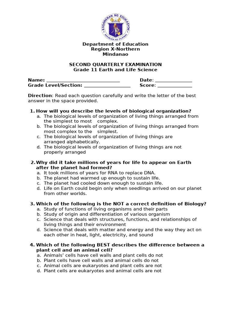 Grade 11-12 Earth and Life Science RUQA 2nd Quarter | PDF | Human Body ...