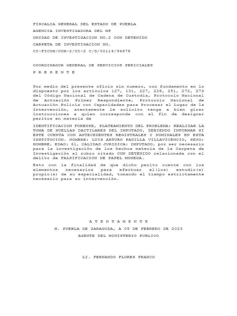 Oficio Toma de Huellas | PDF