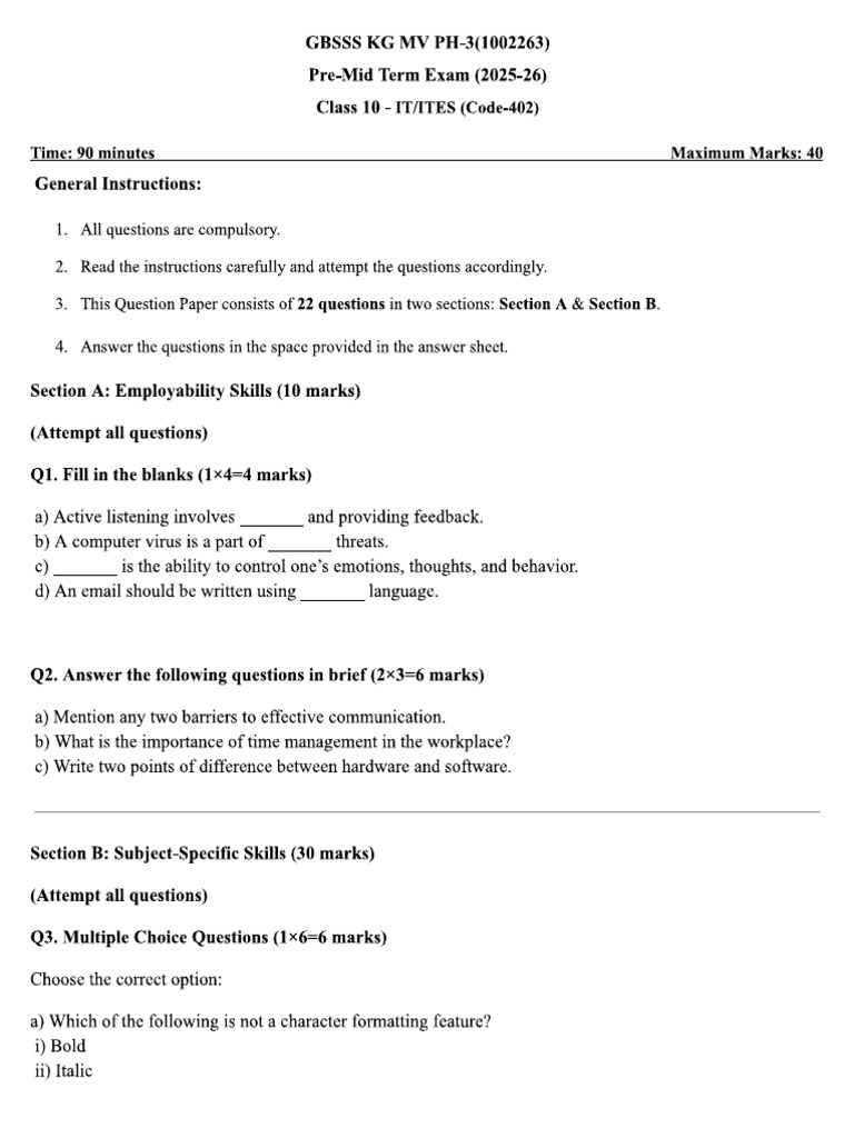 Class10 IT Qus Paper Pre Mid 2025-26 | PDF