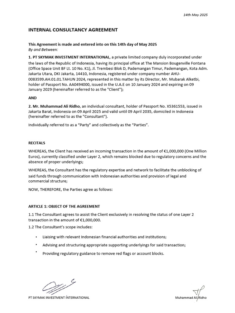 Internal Consultancy Agreement Sign Rev1 | PDF | Arbitration | Business