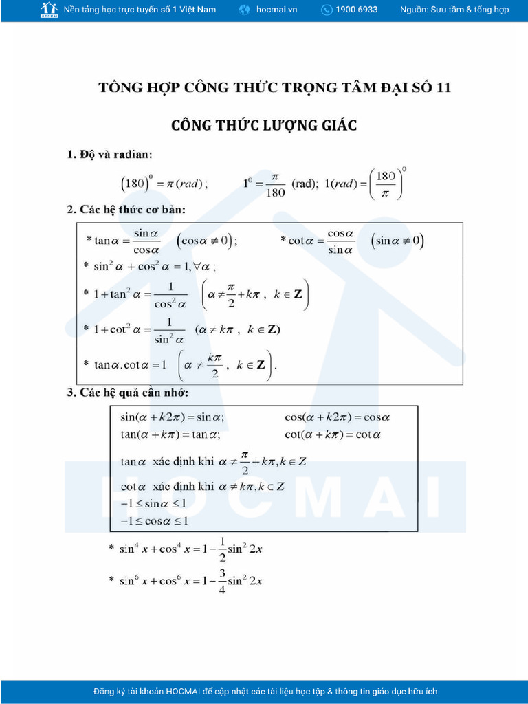 Tong Hop Cong Thuc Trong Tam Toan Dai 11 | PDF