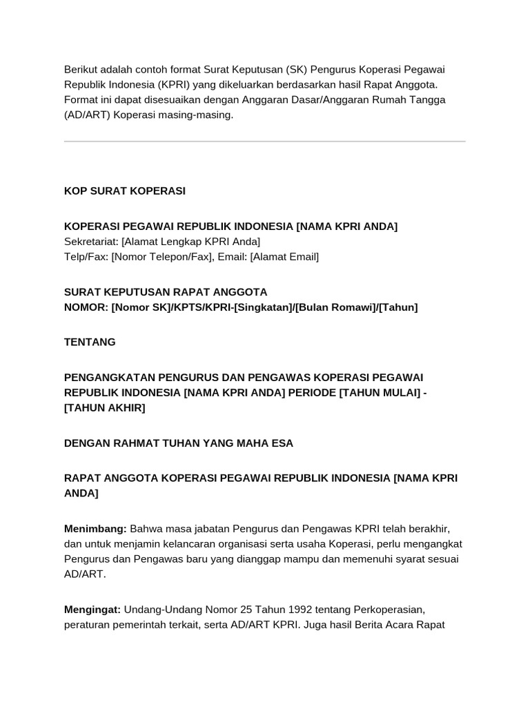 Berikut Adalah Contoh Format Surat Keputusan | PDF