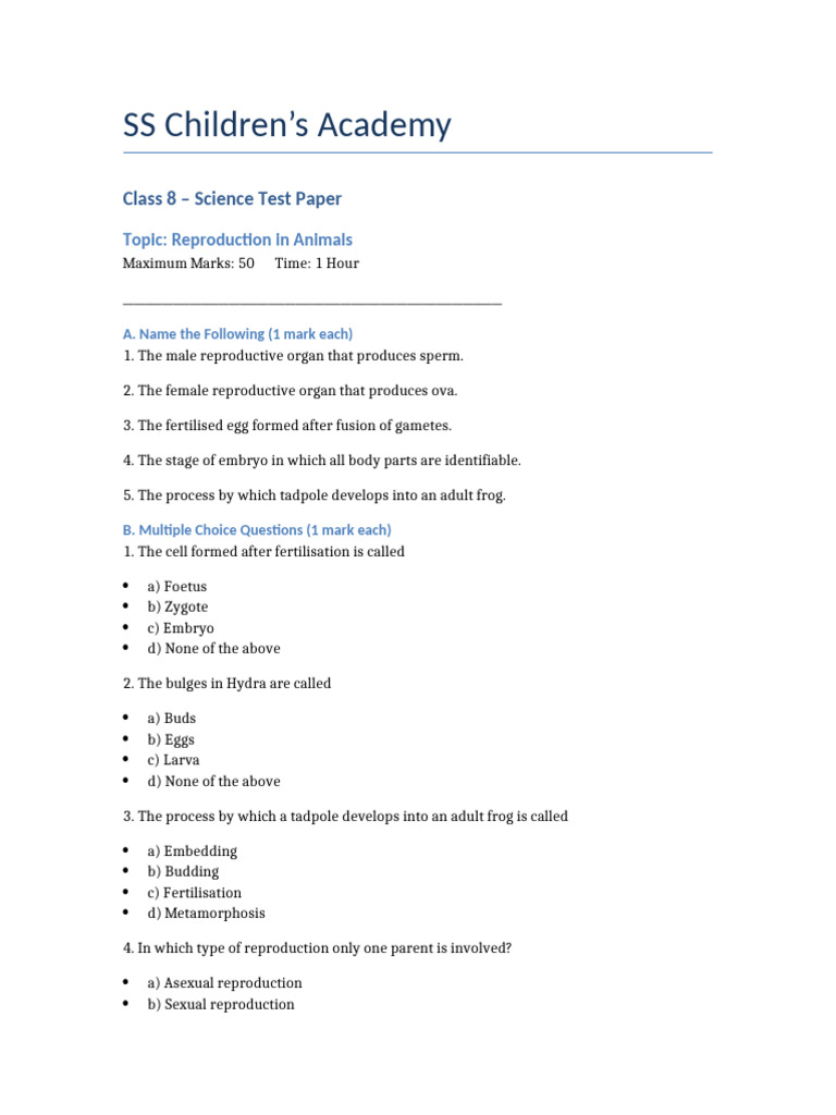 Reproduction in Animals Test Paper Class8 SSCA | PDF | Fertilisation ...