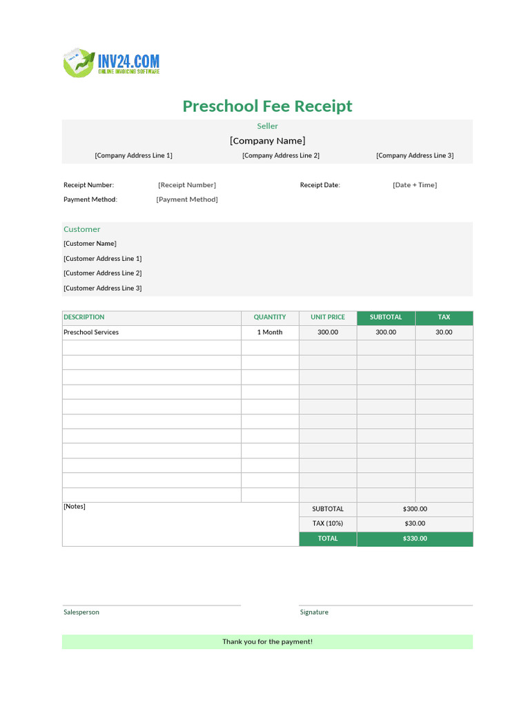 Preschool Fee Receipt Template | PDF
