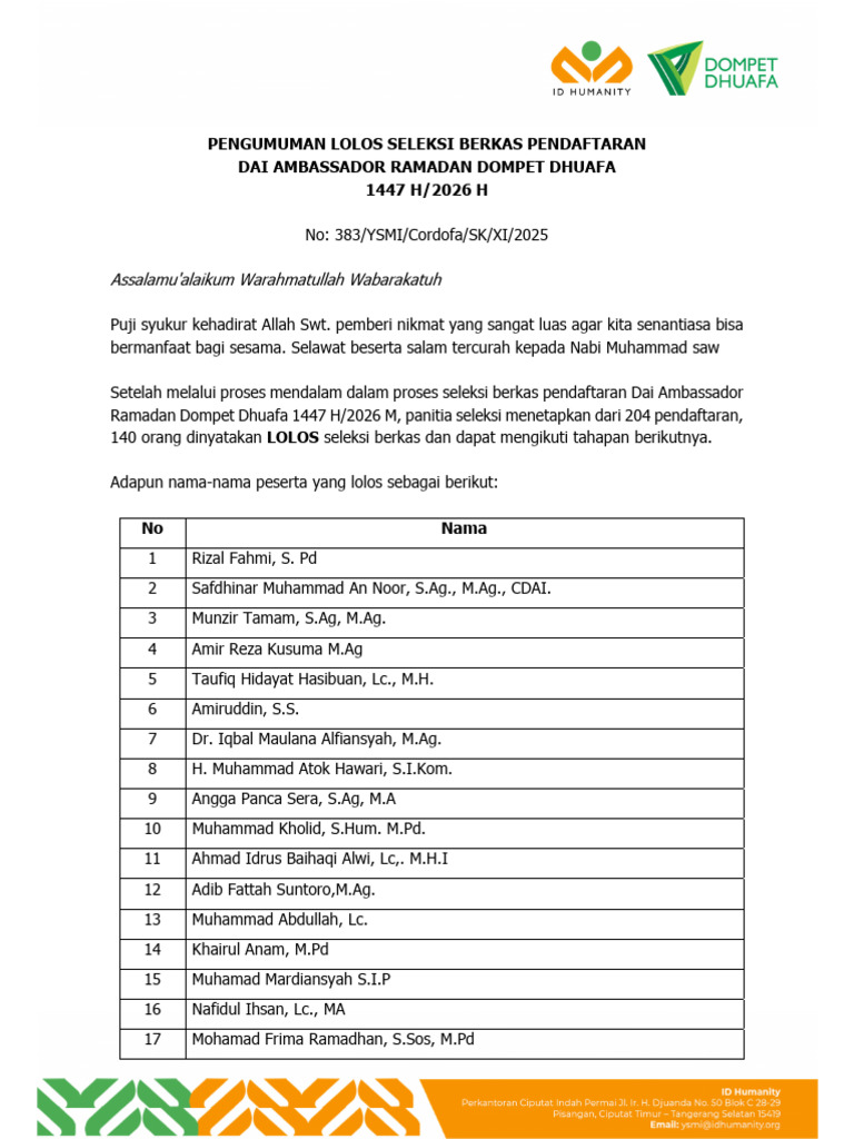 Pengumuman Hasil Seleksi Berkas DAR 2026 | PDF