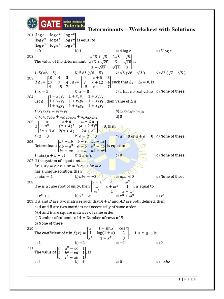 Determinants Worksheet Solutions | PDF | Determinant | Algebra