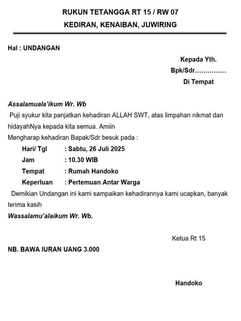 Undangan Pertemuan Warga RT 15 | PDF