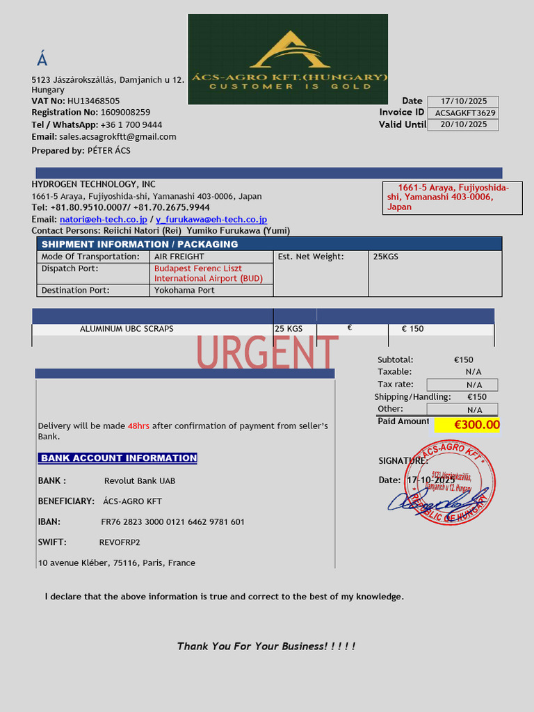 Invoice for Aluminum UBC Scraps Shipment | PDF | Invoice | Payments