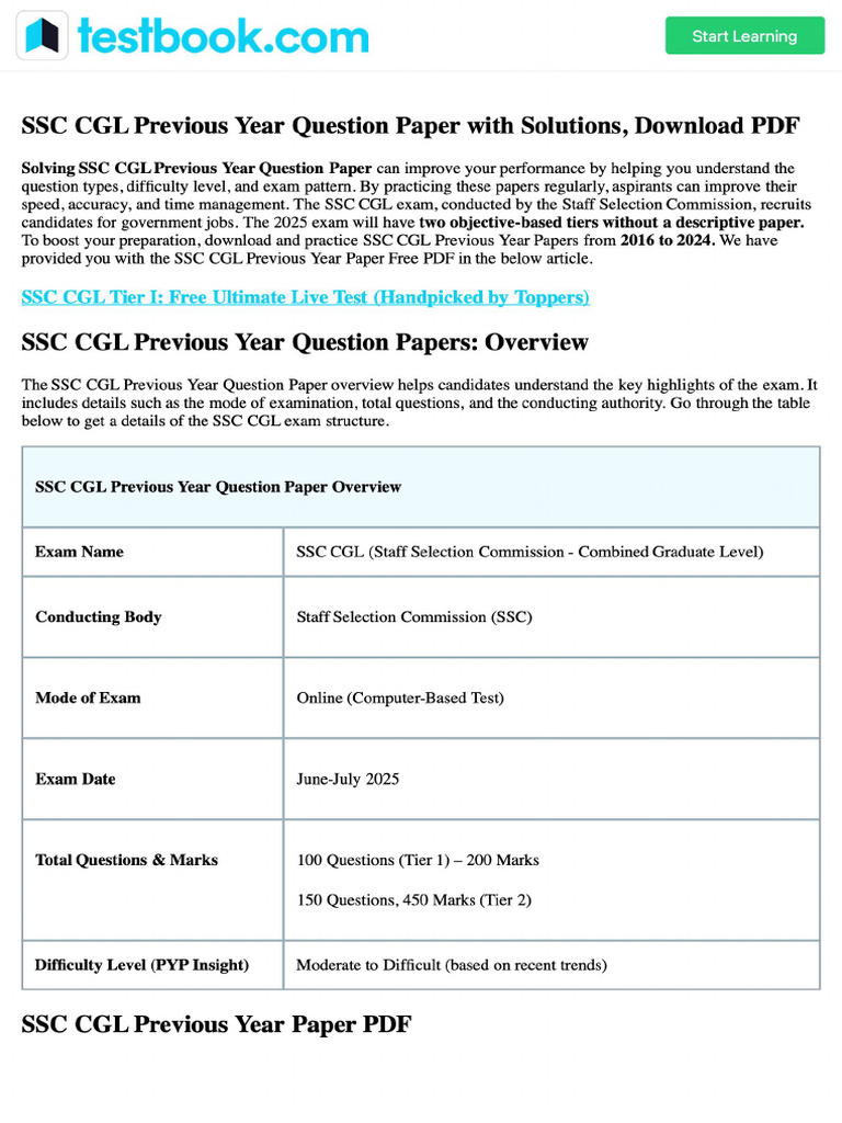 SSC CGL Previous Year Question Paper With Solutions, Download PDF | PDF