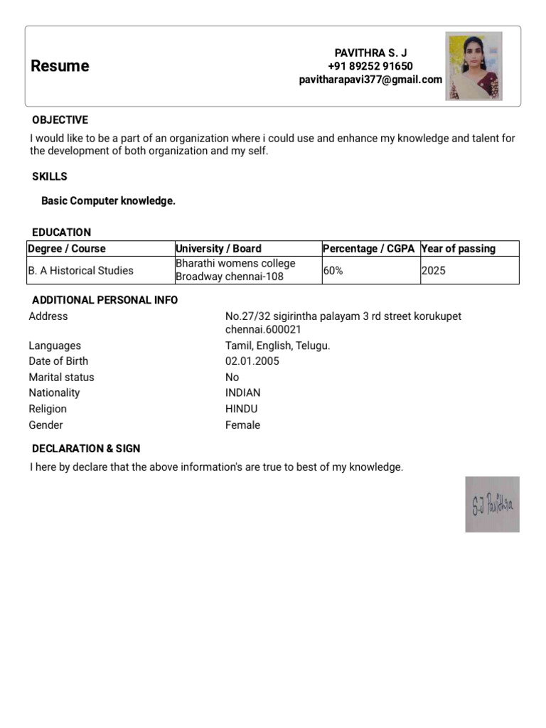 Resume: Pavithra S. J +91 89252 91650 Objective | PDF