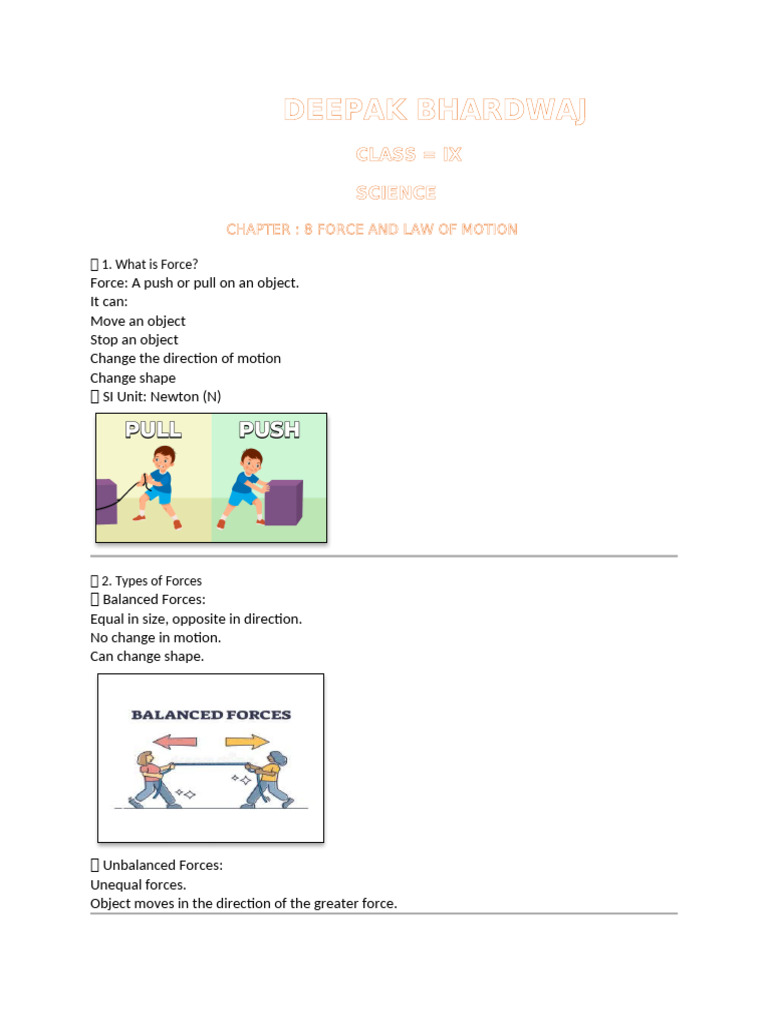 Force and Laws of Motion Explained | PDF | Force | Newton's Laws Of Motion