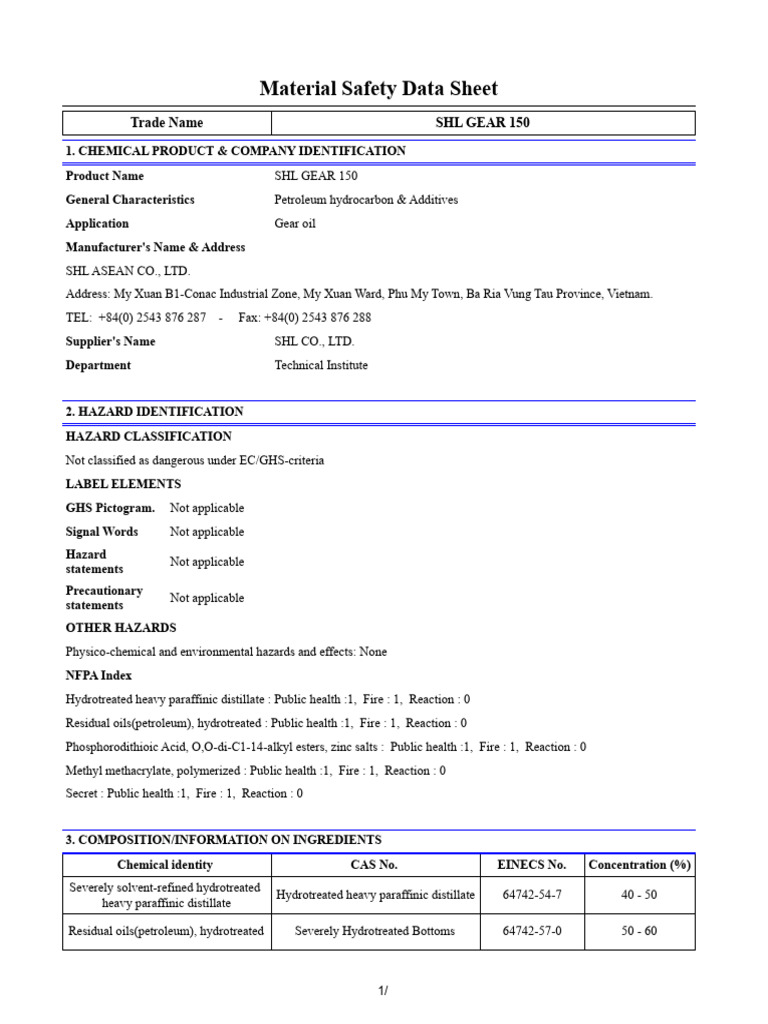 Eng Msds SHL Gear 150 Rev11 2021 | PDF | Toxicity | Dangerous Goods