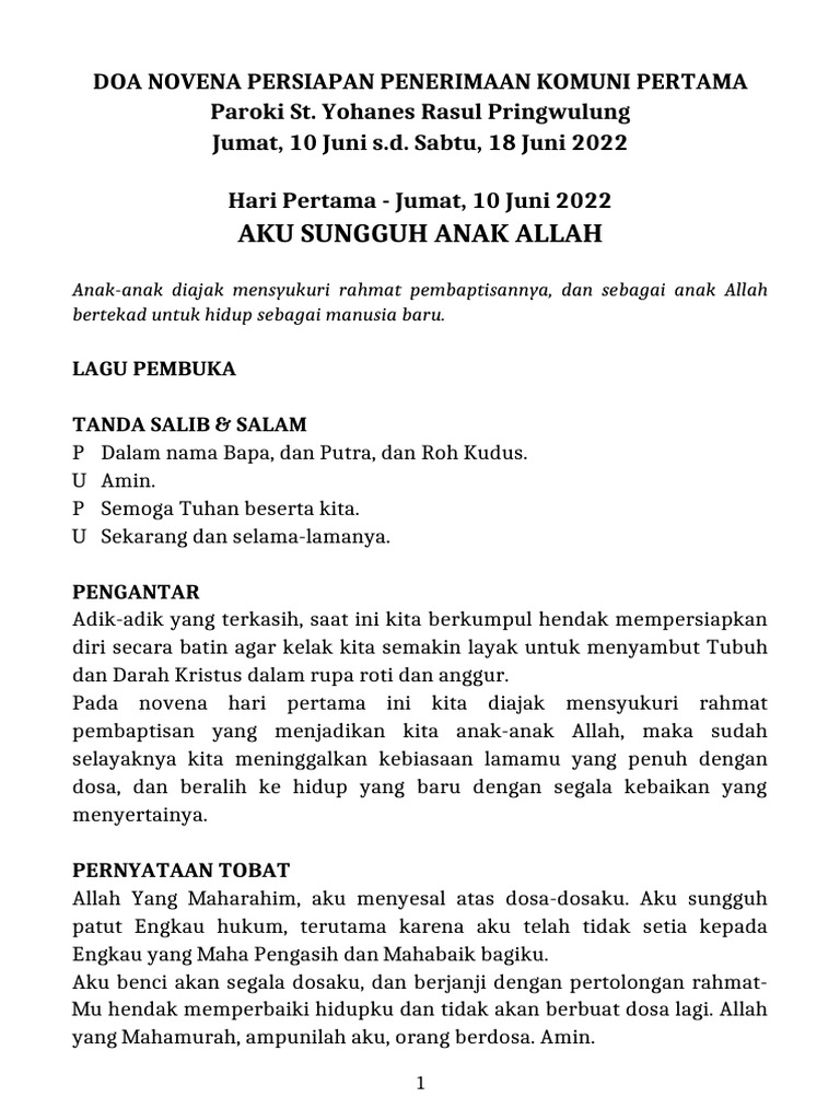 Novena Persiapan Penerimaan Komuni Pertama Pringwulung 2022 | PDF