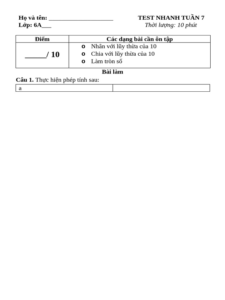 Toán 6 - Test Nhanh Tuần 7 | PDF