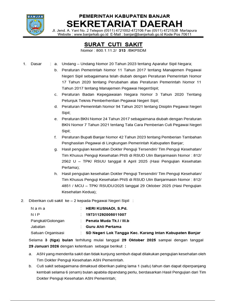 Surat Cuti Sakit ASN Kabupaten Banjar | PDF