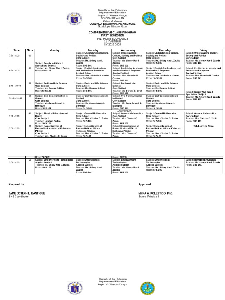 Aklan High School Class Schedule 2025-2026 | PDF